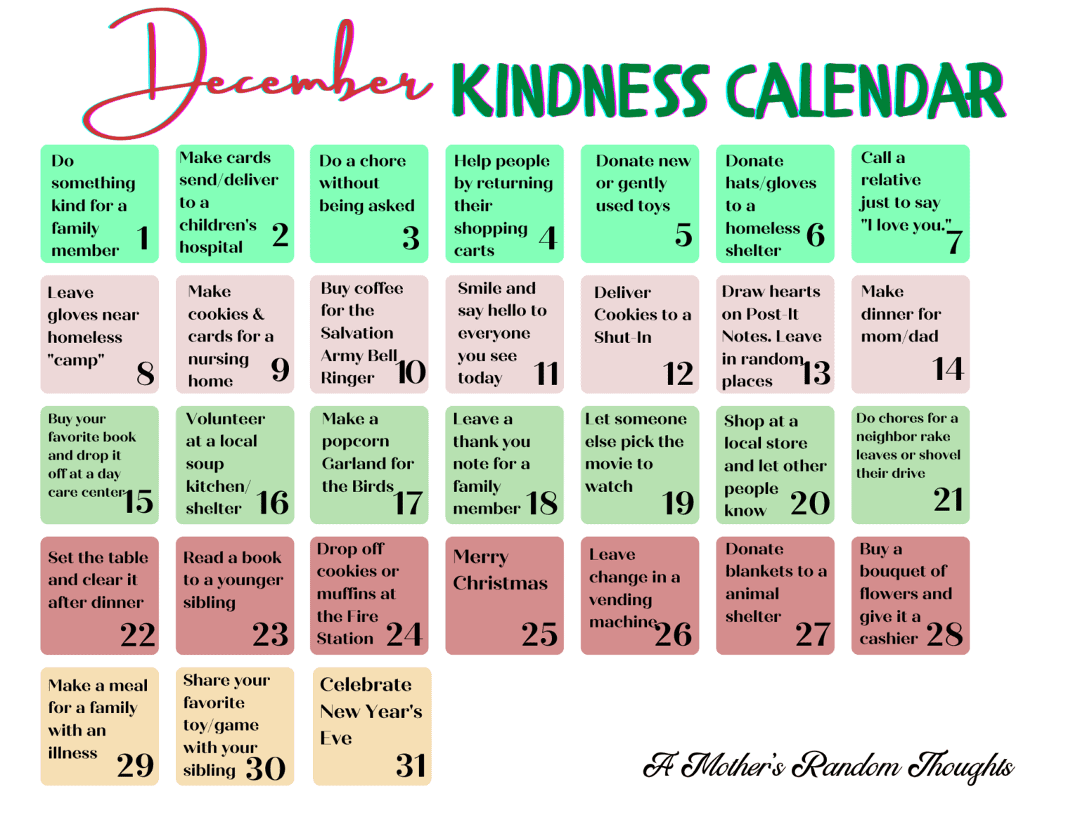 December Random Acts of Kindness Printable Calendars - A Mother's ...